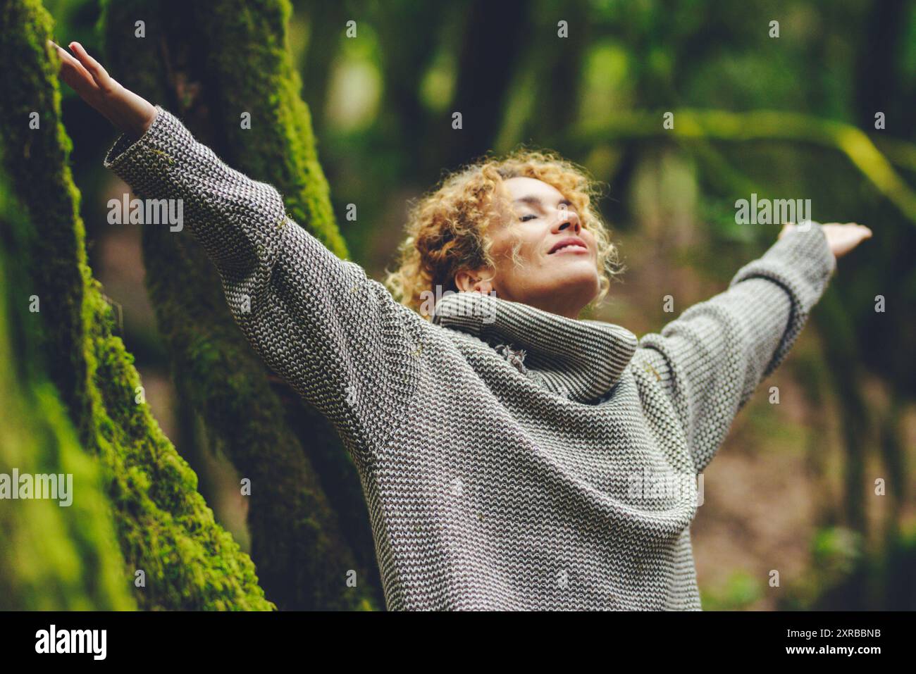 Happiness and nature wellbeing healthy people. One woman smile and ...