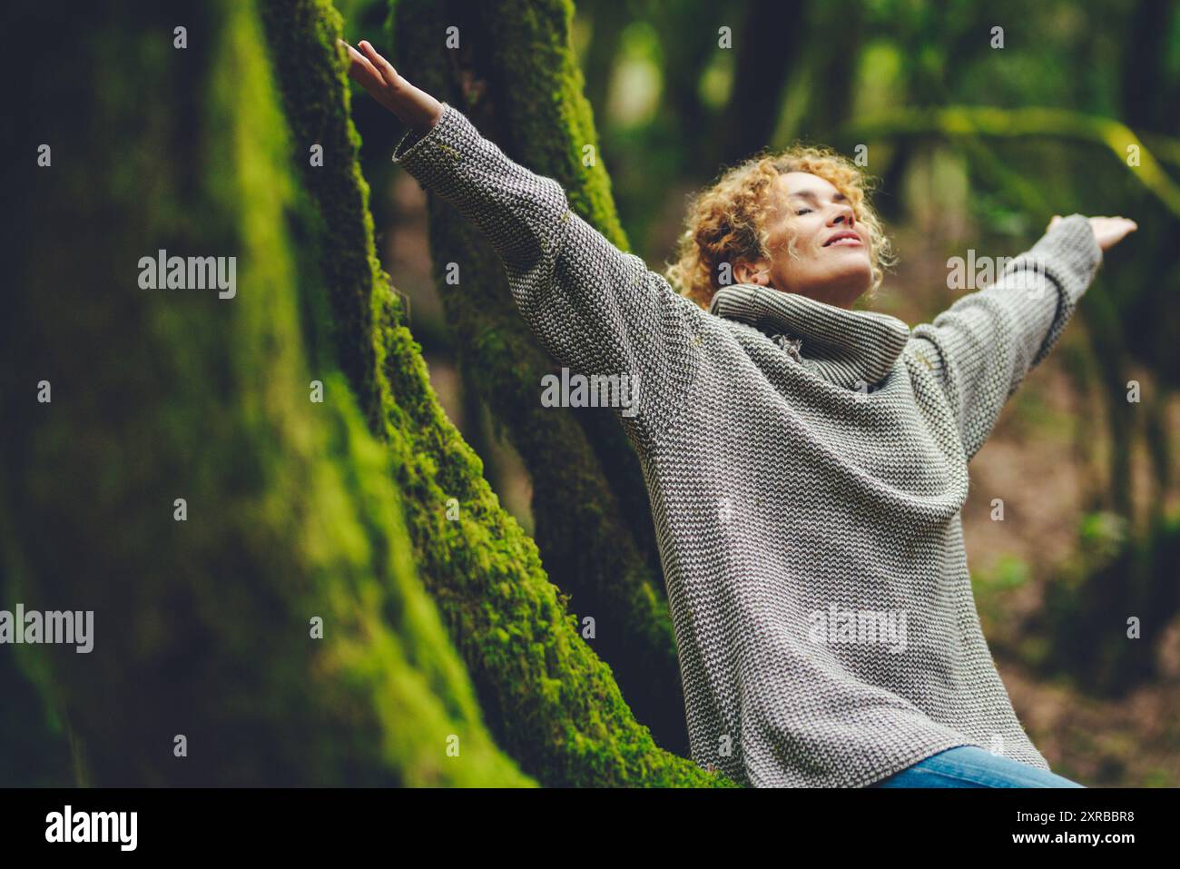Happiness and nature wellbeing healthy people. One woman smile and ...