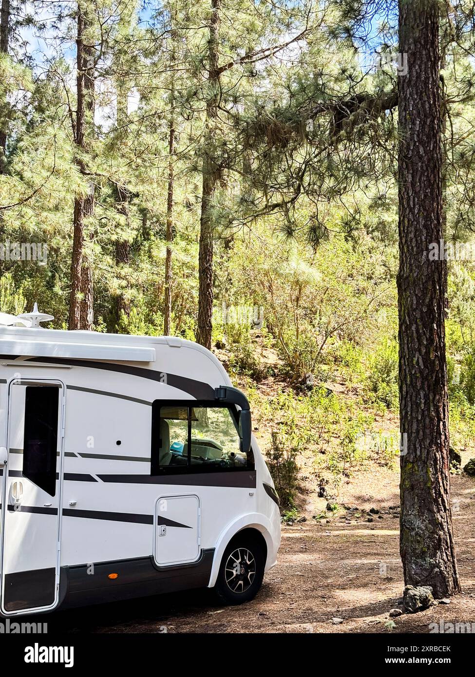 One modern motorhome camper van parking in the nature alone for ...