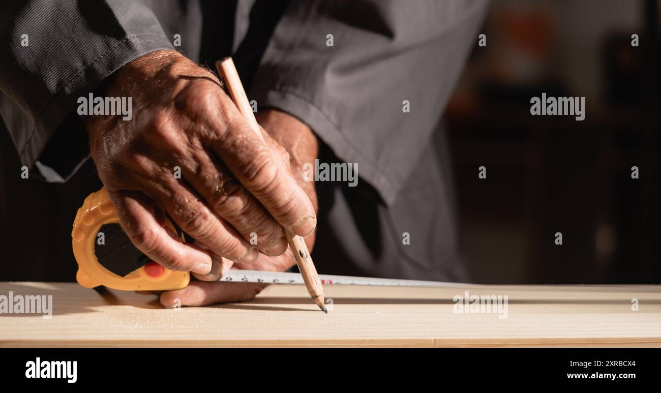 Close-up carpenter measure wood plank, craftsman making measurement on ...