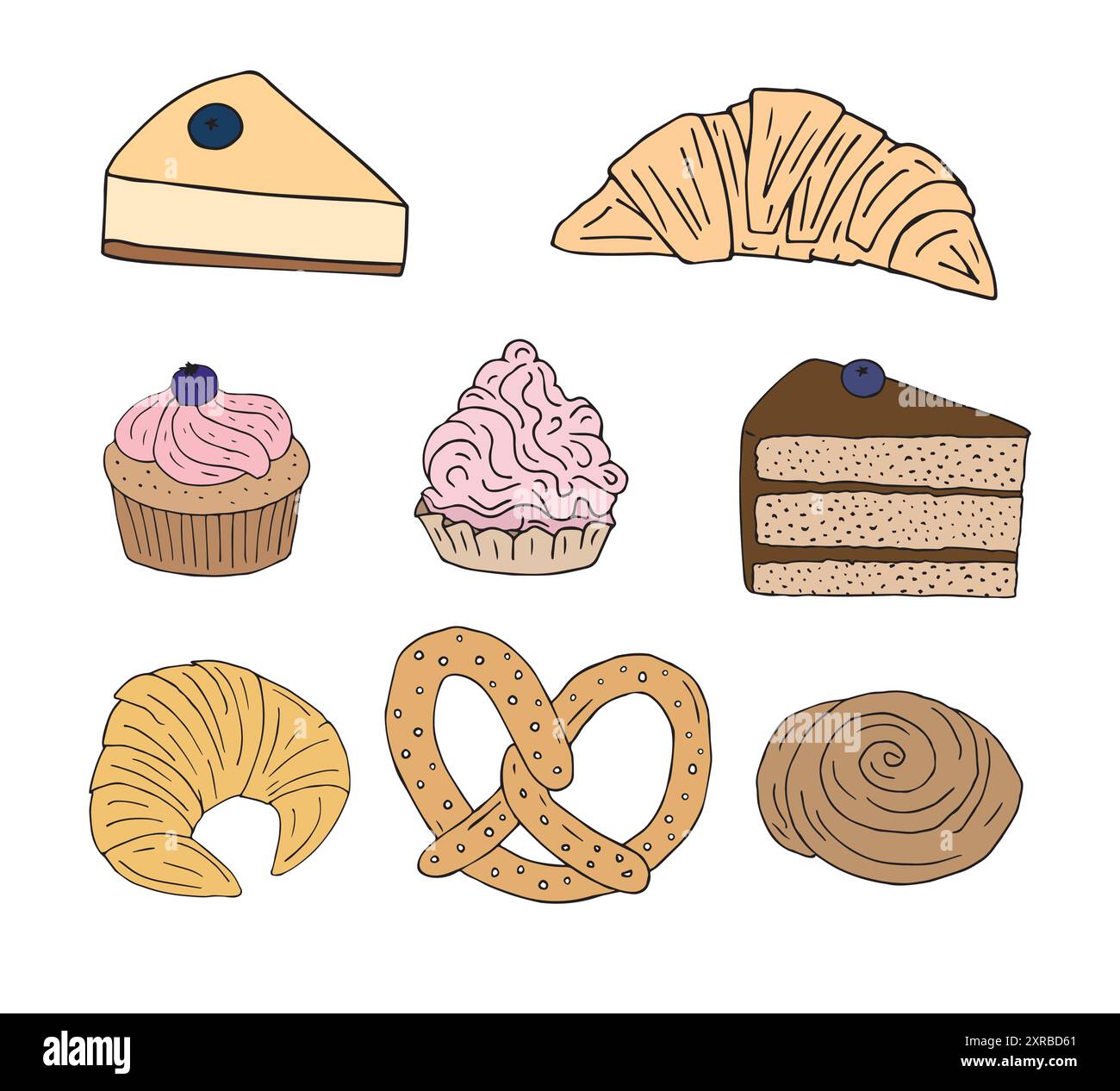 Vector set of hand drawn sketch doodle colored bakery pies isolated on ...