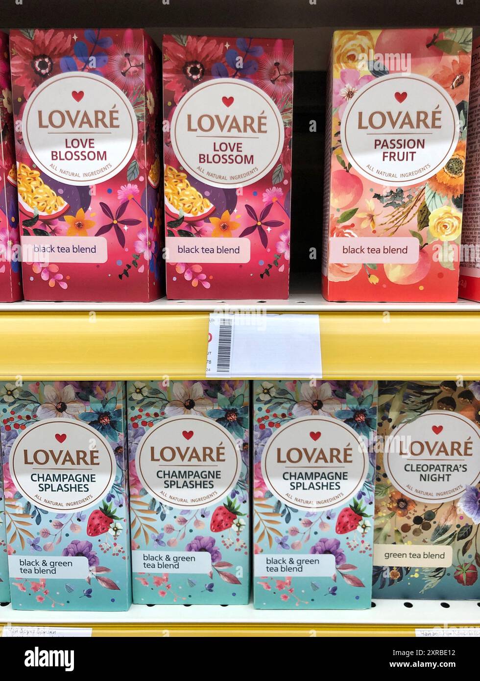 03.08.2024 Ukraine, Kharkiv, a shelf in a supermarket with tea. Lovare ...