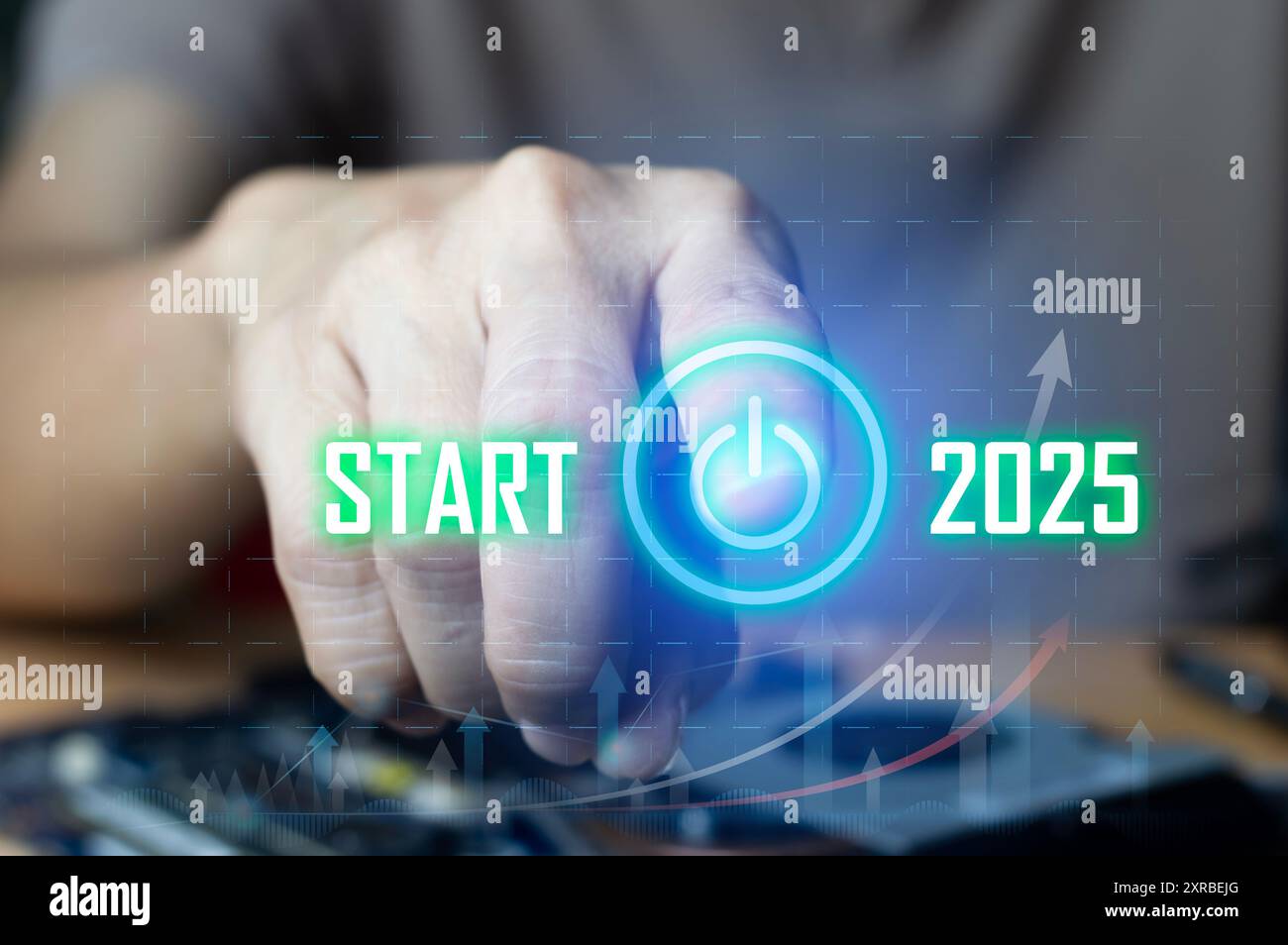 Businessman presses start button for 2025 of business and data analysis ...