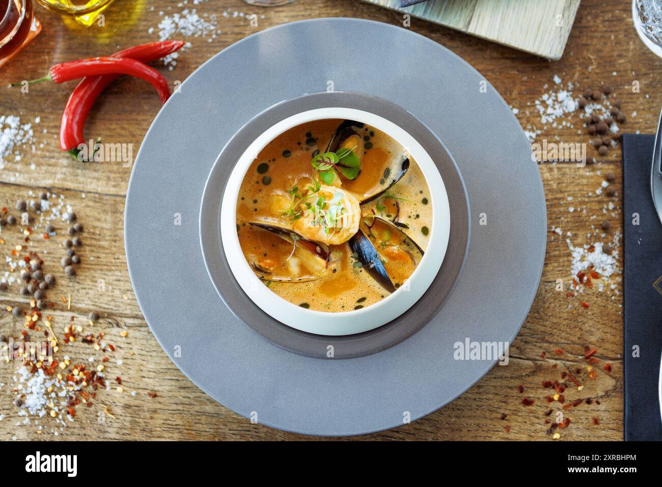 Shrimp Bisque with Seafood. King prawn, blue mussels, cod, whipped ...