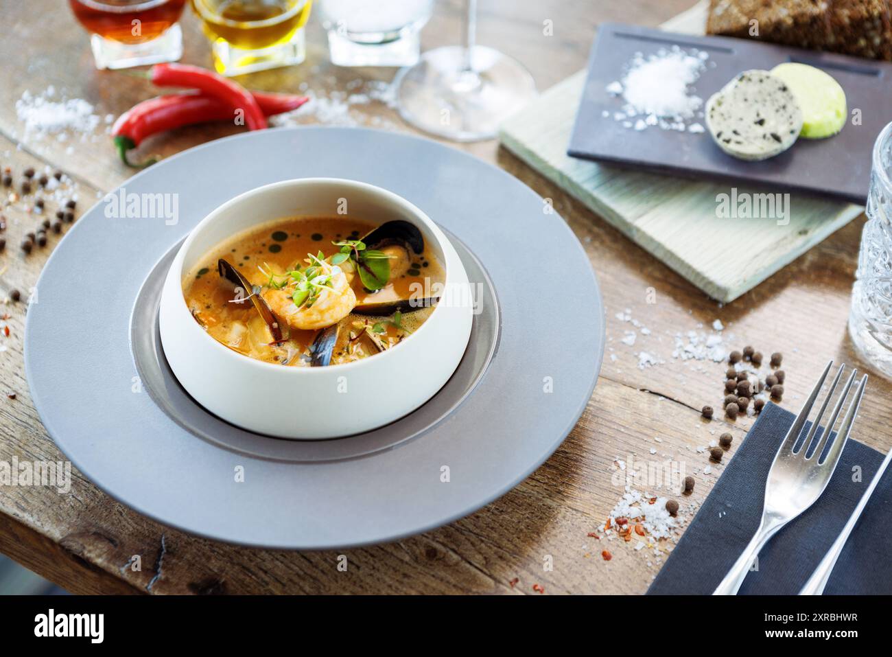 Shrimp Bisque with Seafood. King prawn, blue mussels, cod, whipped ...