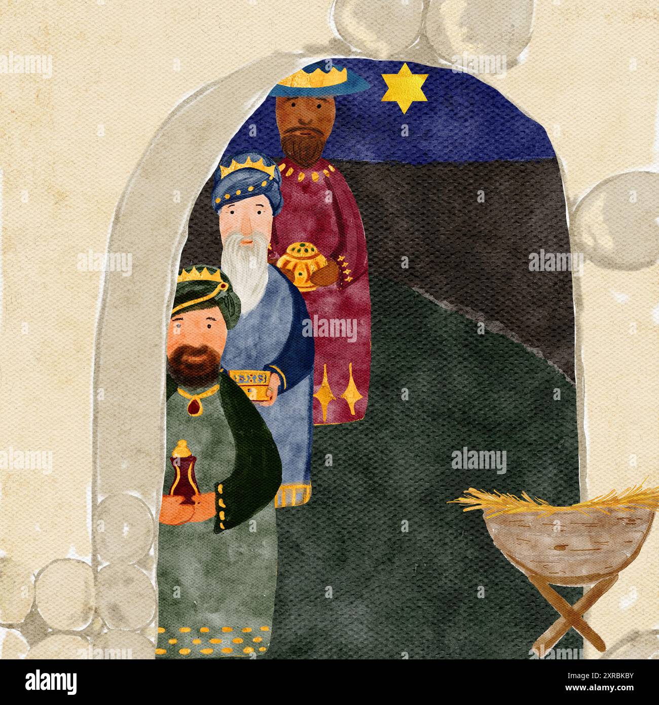 Wise men manger Christmas card hand painted digital watercolor. High ...