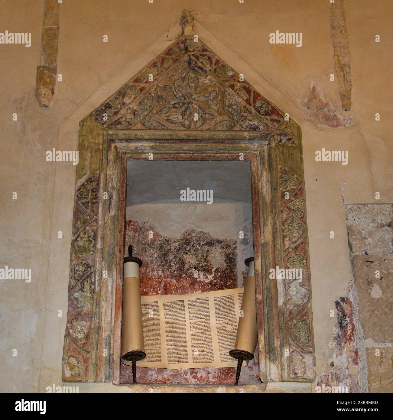 A Torah scroll in the great hall of the Gothic Medieval Synagogue in ...