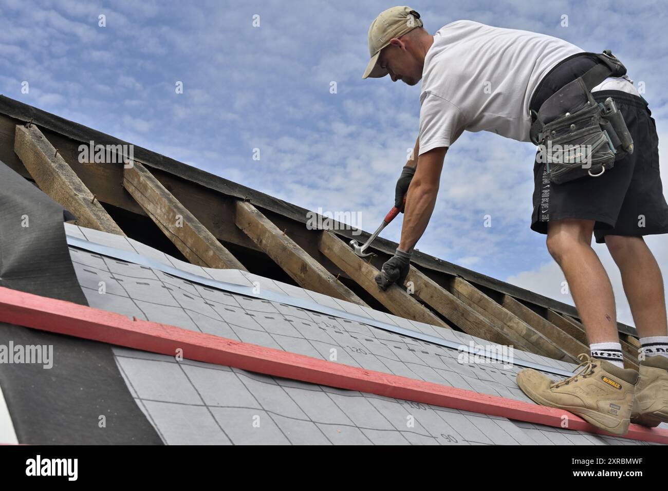 Roofing work, man on rooftop removing old felt nails with hammer to ...
