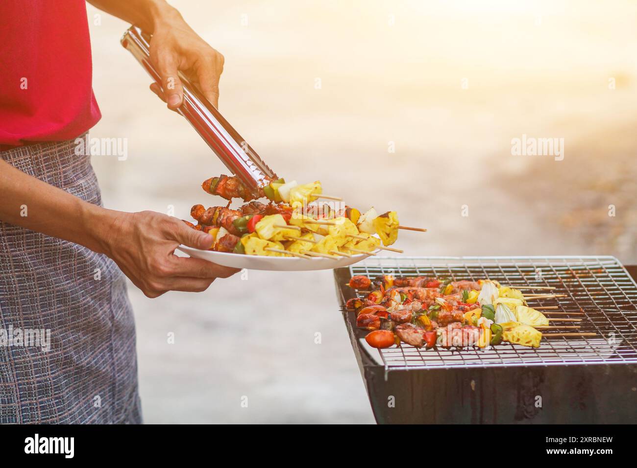Blurred images , A group of colleagues held a barbecue party. (BBQ ...