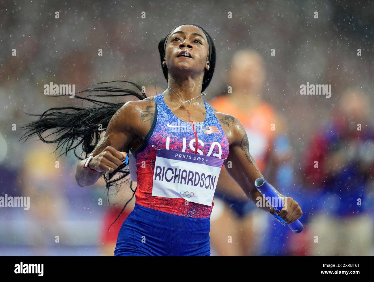 Paris, France. 09th Aug, 2024. Sha'carri Richardson of the U.S. crosses ...