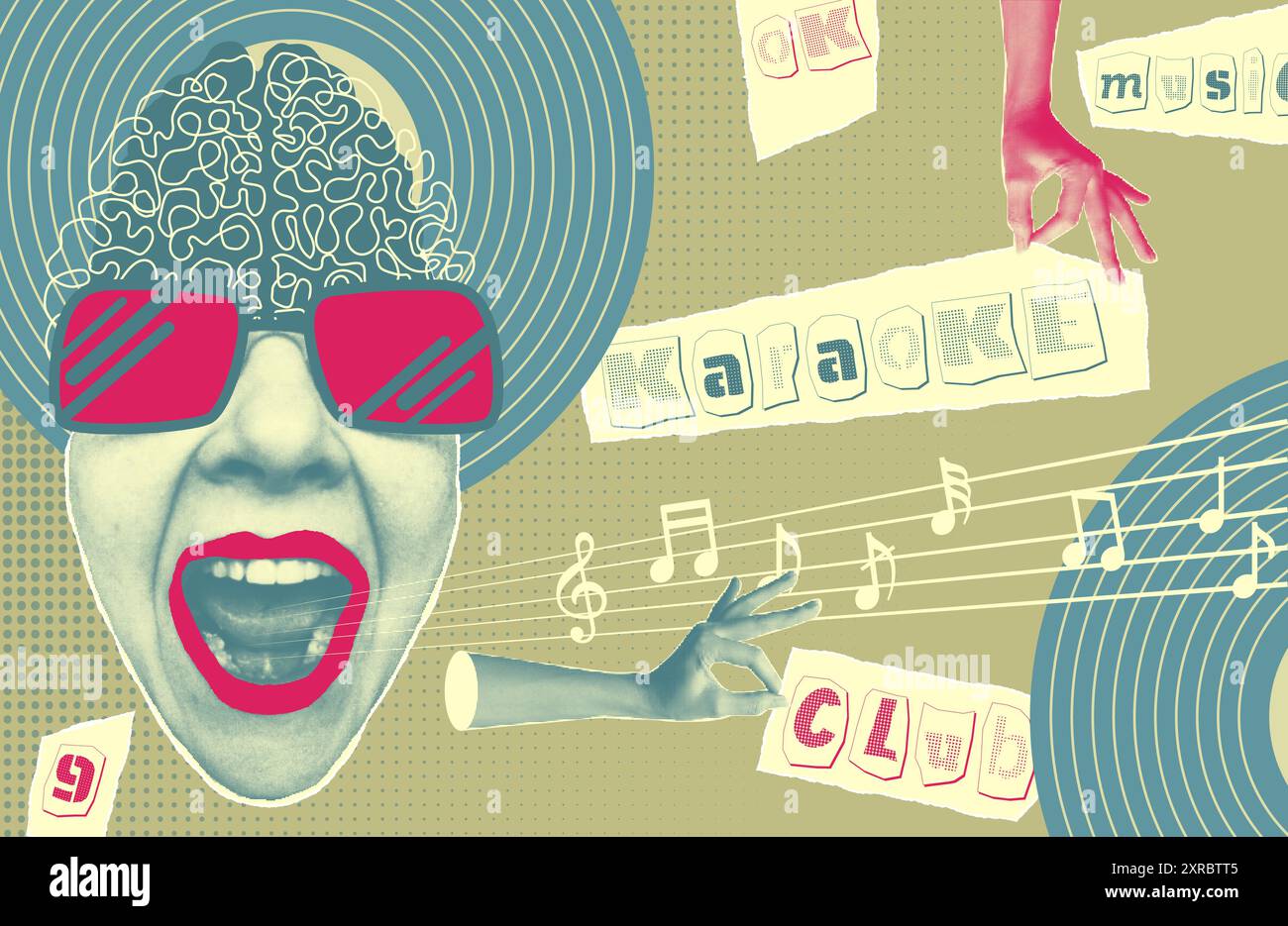 Karaoke music collage with halftone stickers hands lips and ...