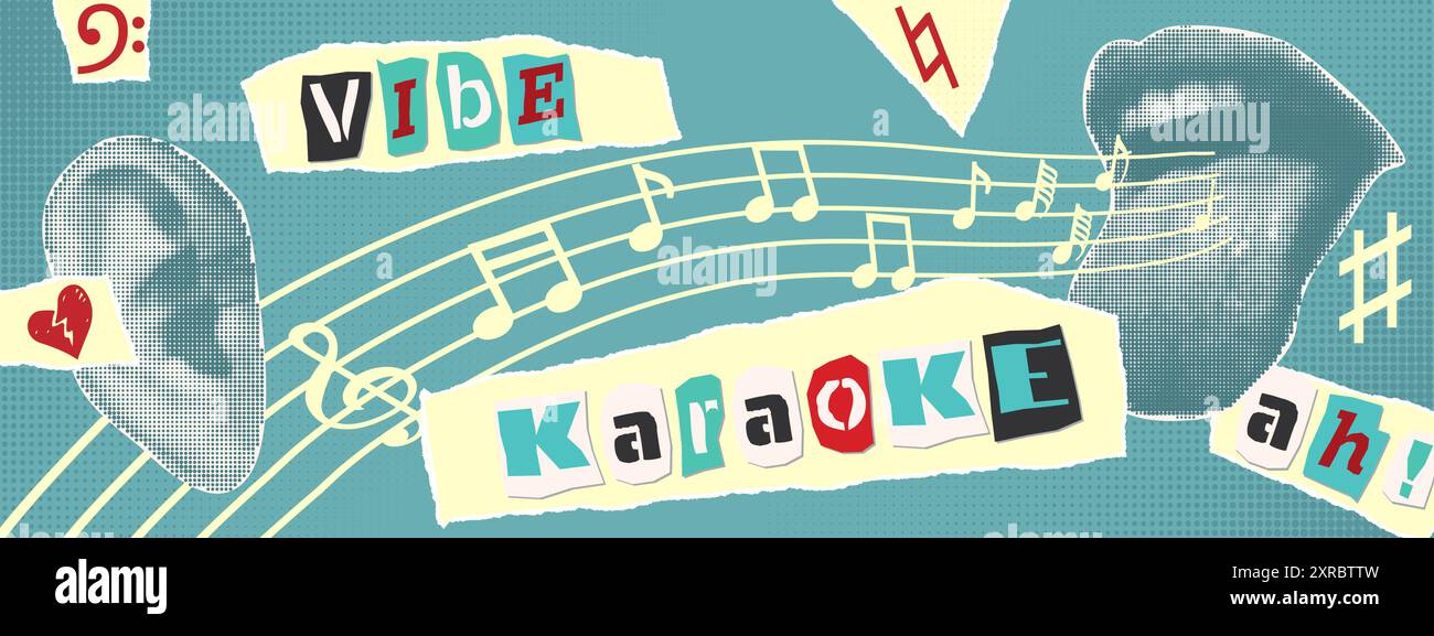 Karaoke music collage with halftone stickers hands lips and ...