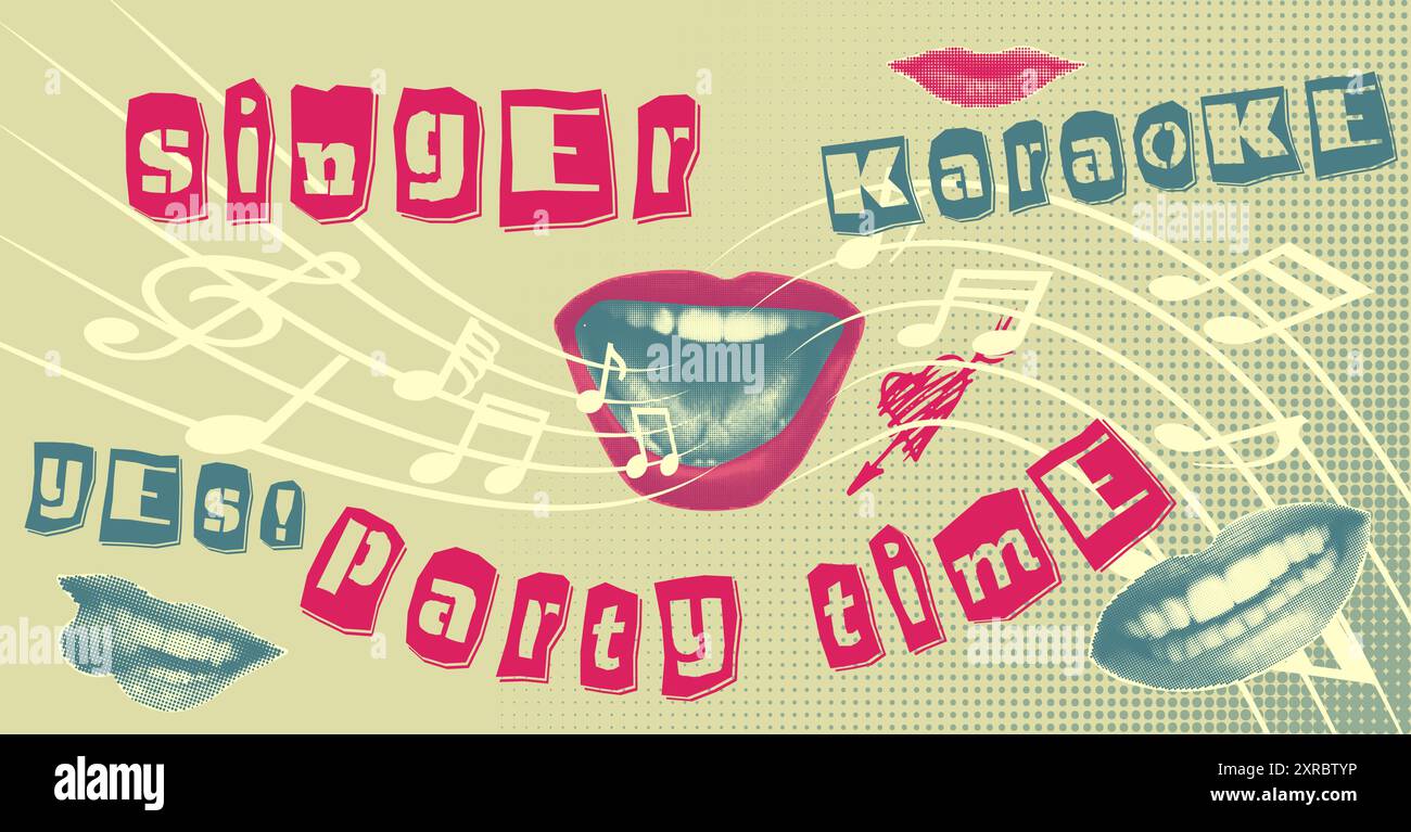 Karaoke music collage with halftone stickers hands lips and ...