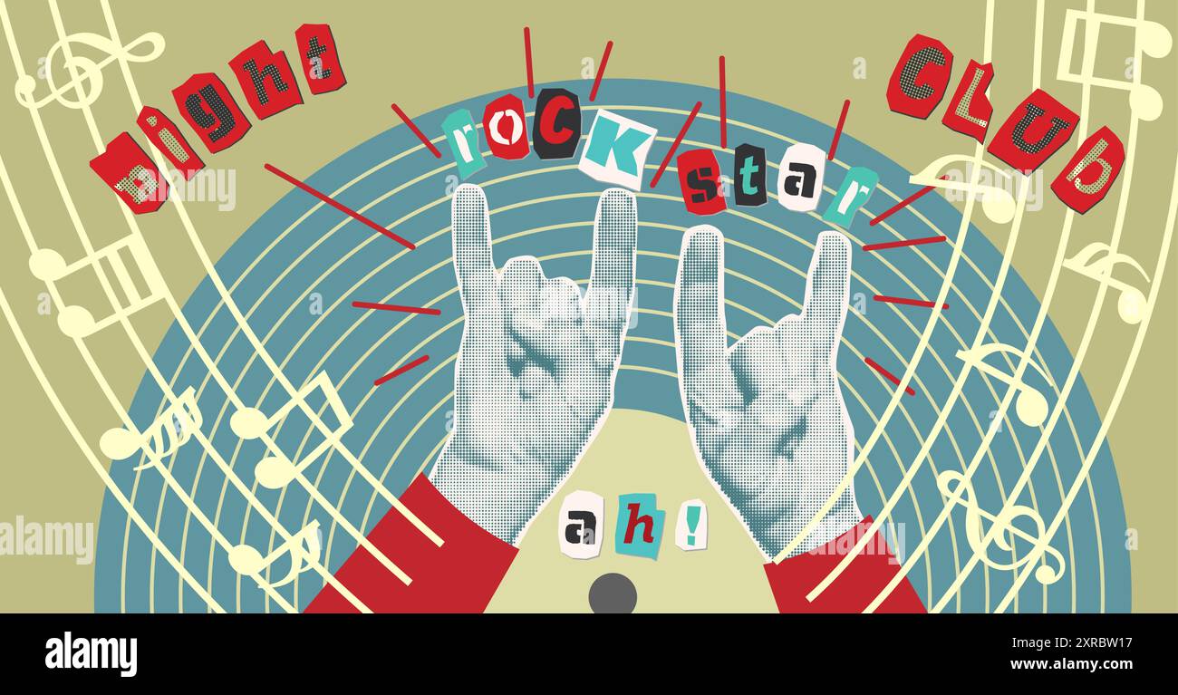 Karaoke music collage with halftone stickers hands lips and ...