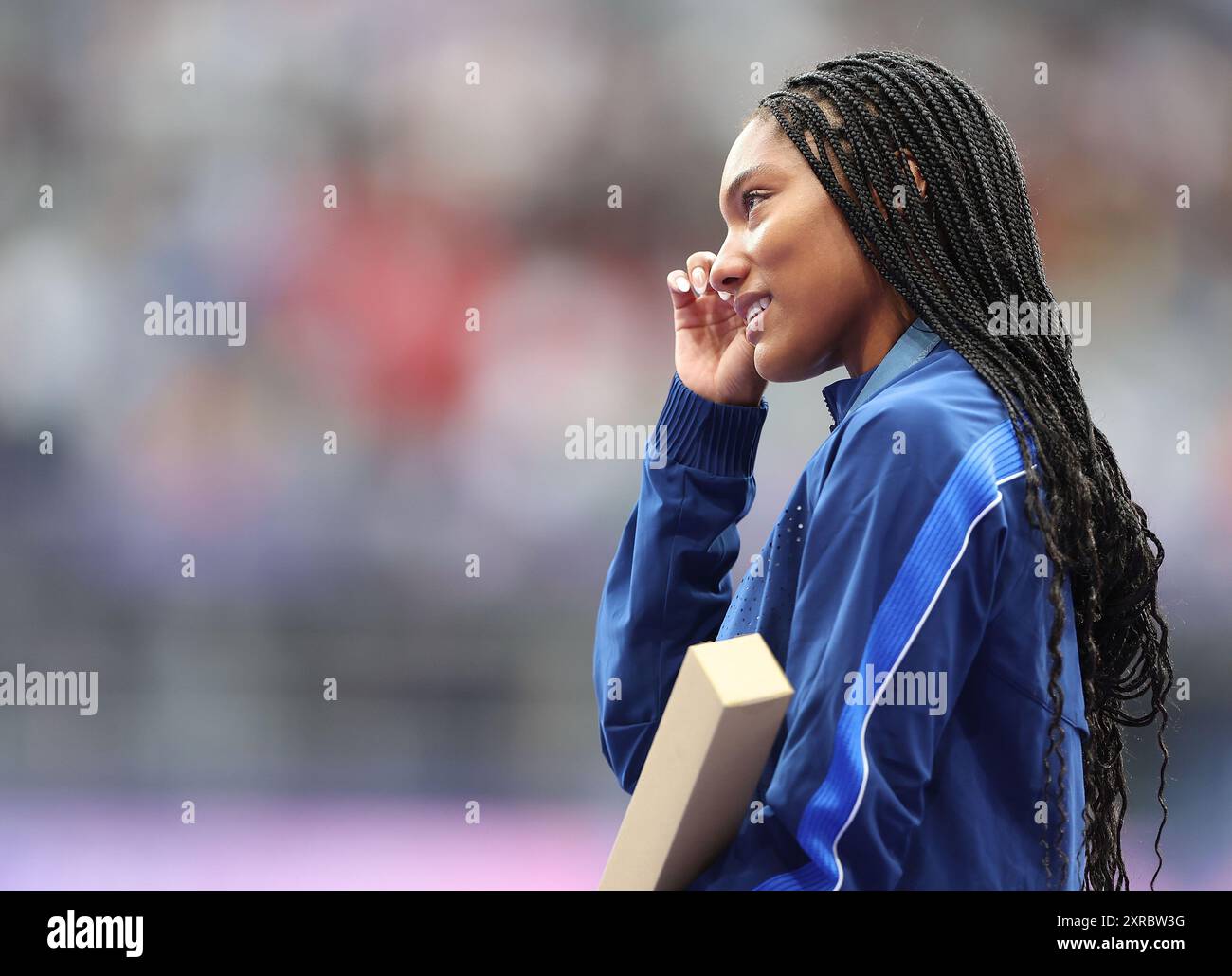 Paris, France. 9th Aug, 2024. Gold medalist Tara Davis-Woodhall of the ...