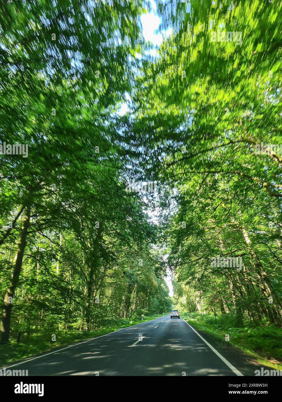 View through the window pane to the road outside and road marking ...