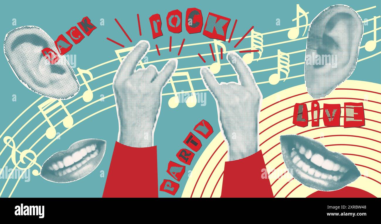 Karaoke music collage with halftone stickers hands lips and ...