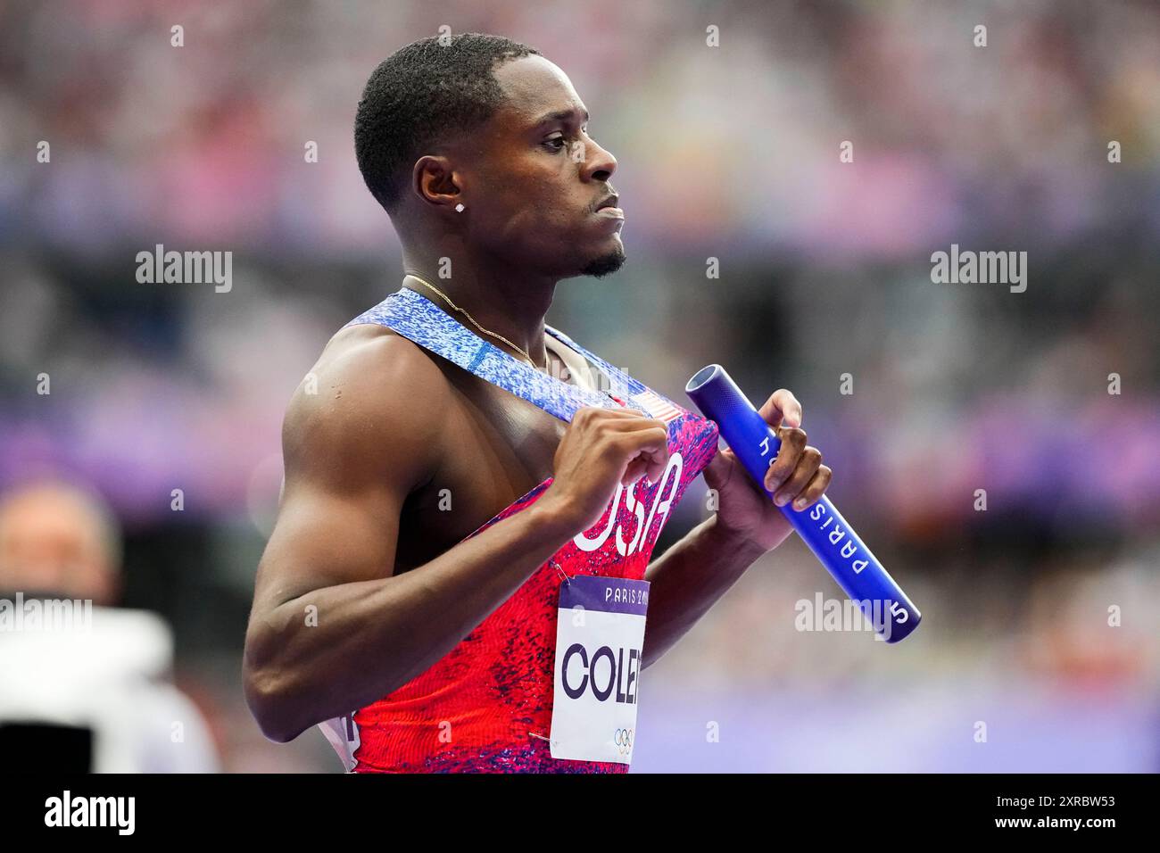 Christian Coleman, of the United States, prepares for the men's 4 x 400 ...