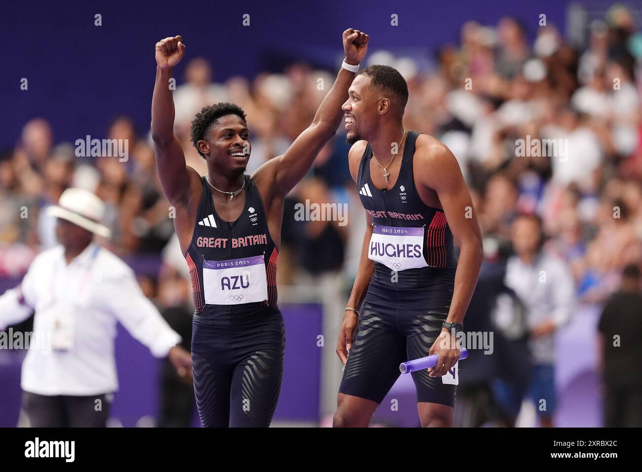 Great Britain's Zharnel Hughes and Jeremiah Azu (left) celebrate ...