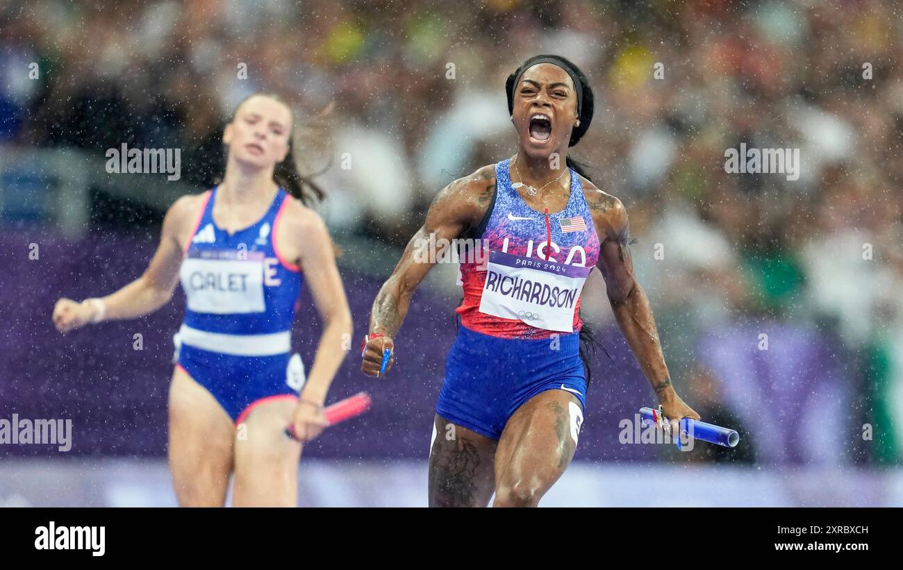 Sha'carri Richardson, of the United States, crosses the finish line to ...