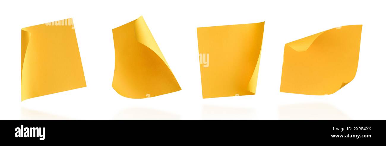 Set of flying yellow notes stickers isolated on white background with ...