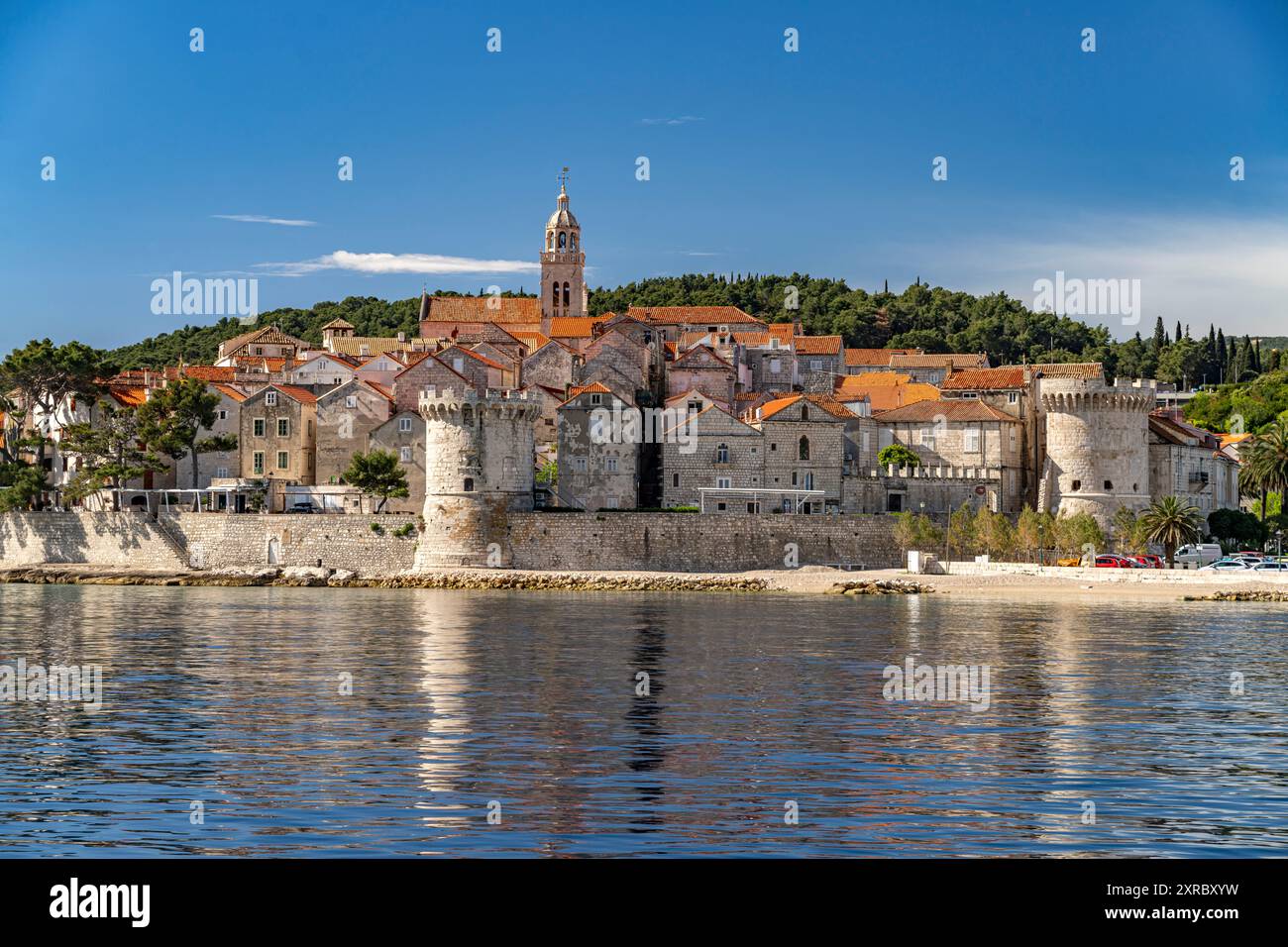 The old town of Korcula town with city walls and cathedral, Croatia ...