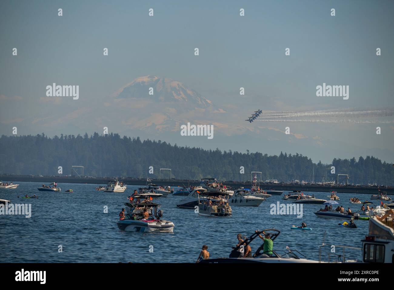 Blue Angels F/A-18 Hornets are flying over Lake Washington and the I-90 ...