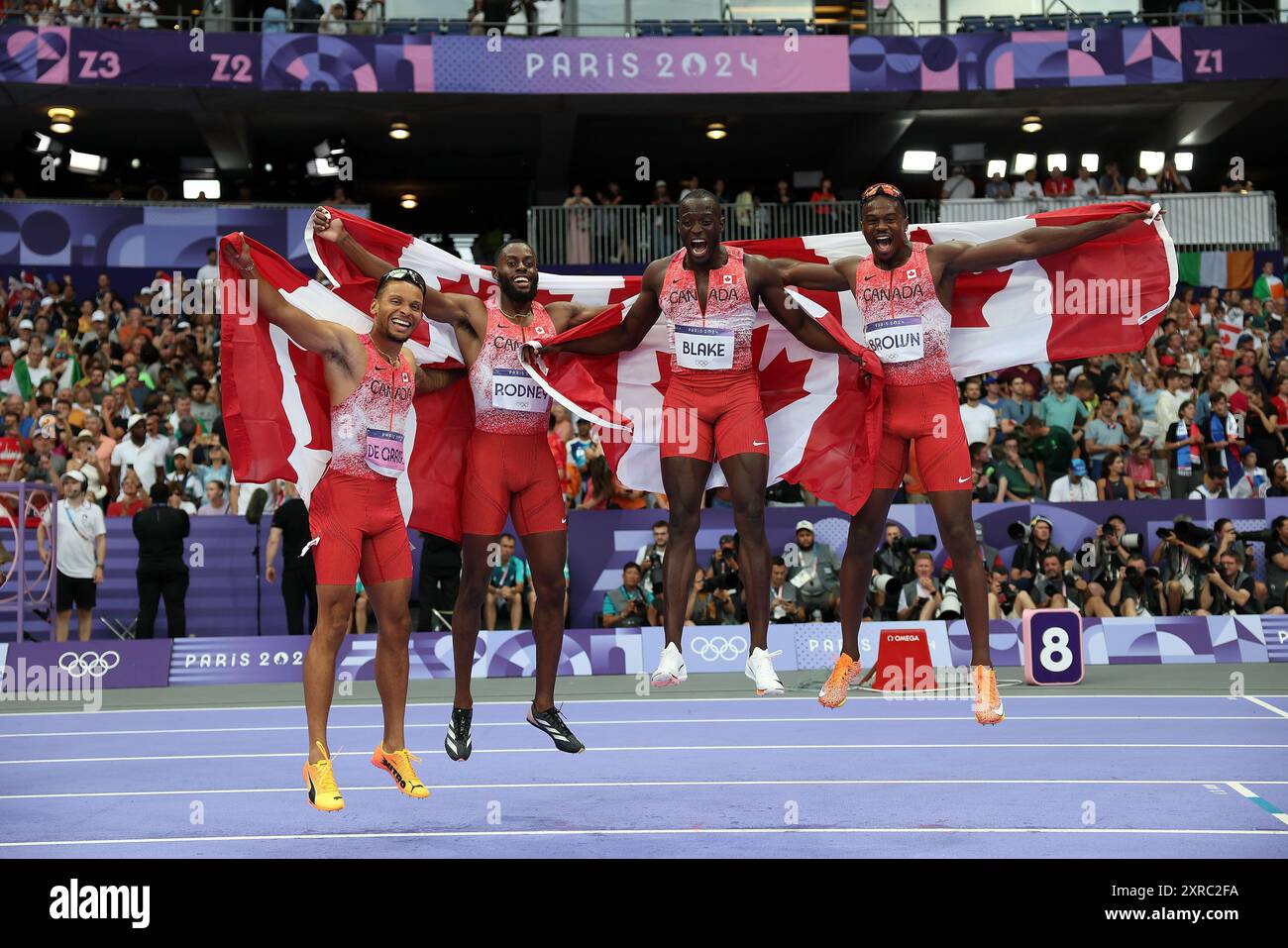 Paris, France. 9th Aug, 2024. (L to R)Andre de Grasse, Brendon Rodney, Jerome Blake, Aaron Brown ...