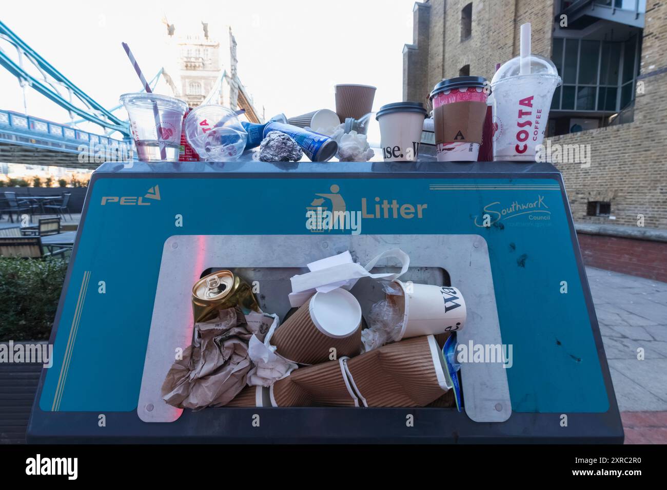 England, London, Southwark, Overflowing Southwark Council Litter Bin ...