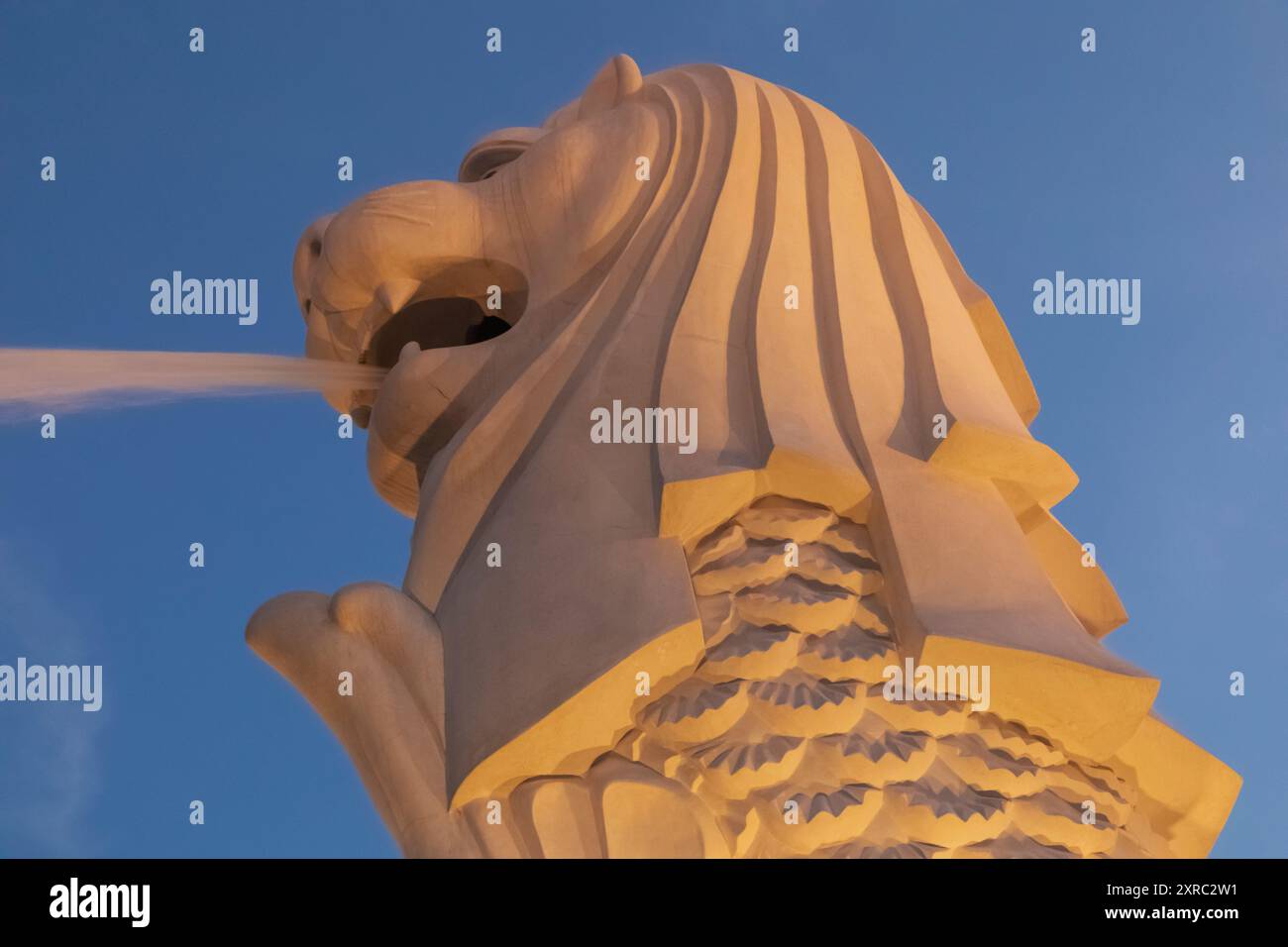 Asia, Singapore, Head of the Merlion Statue Illuminated at Dusk Stock ...
