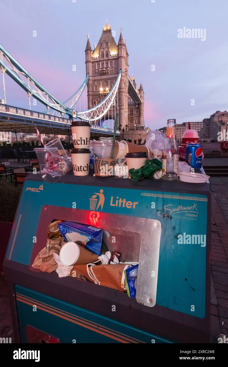 England, London, Southwark, Overflowing Southwark Council Litter Bin ...