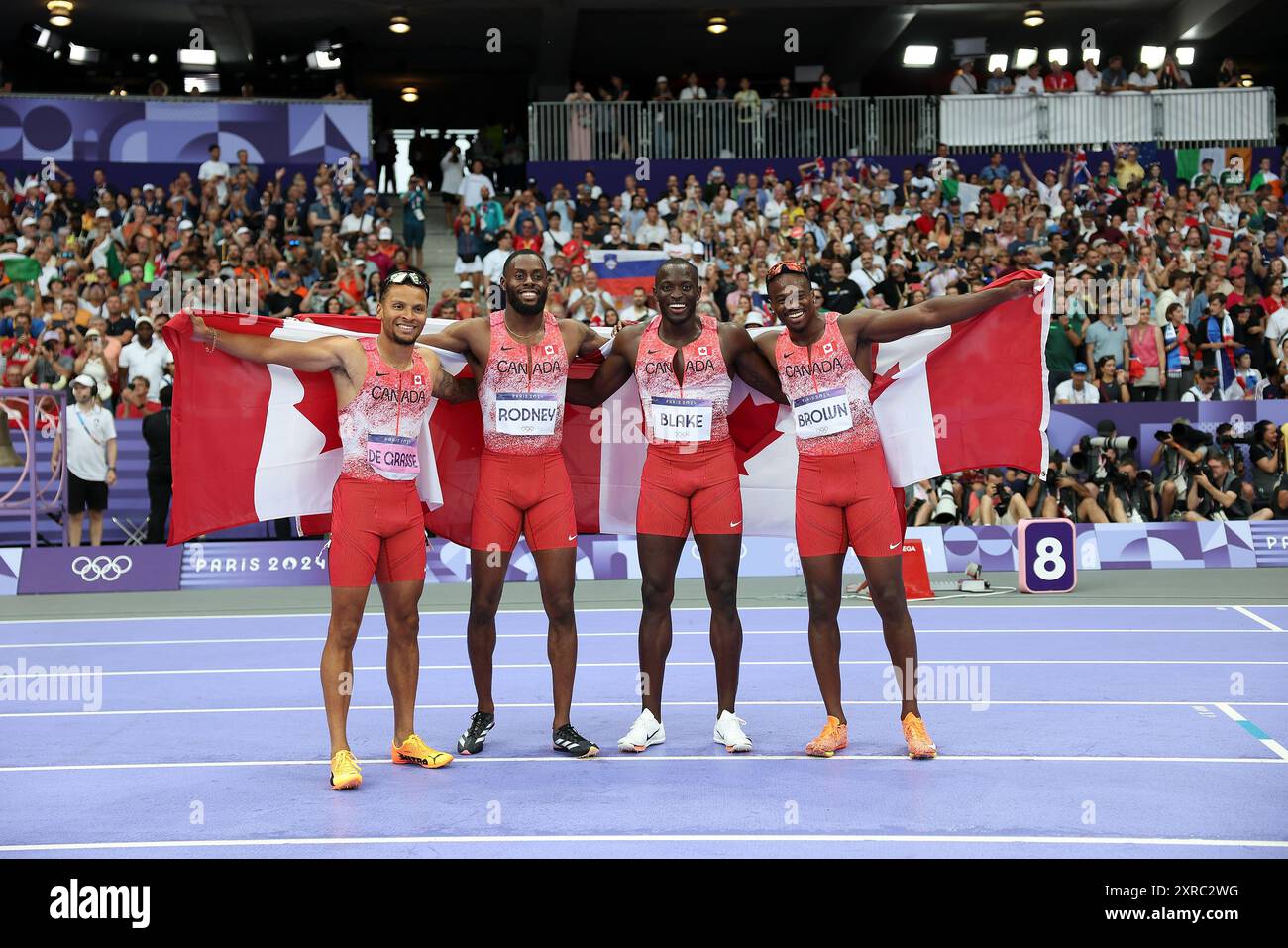 Paris, France. 9th Aug, 2024. (L to R)Andre de Grasse, Brendon Rodney ...