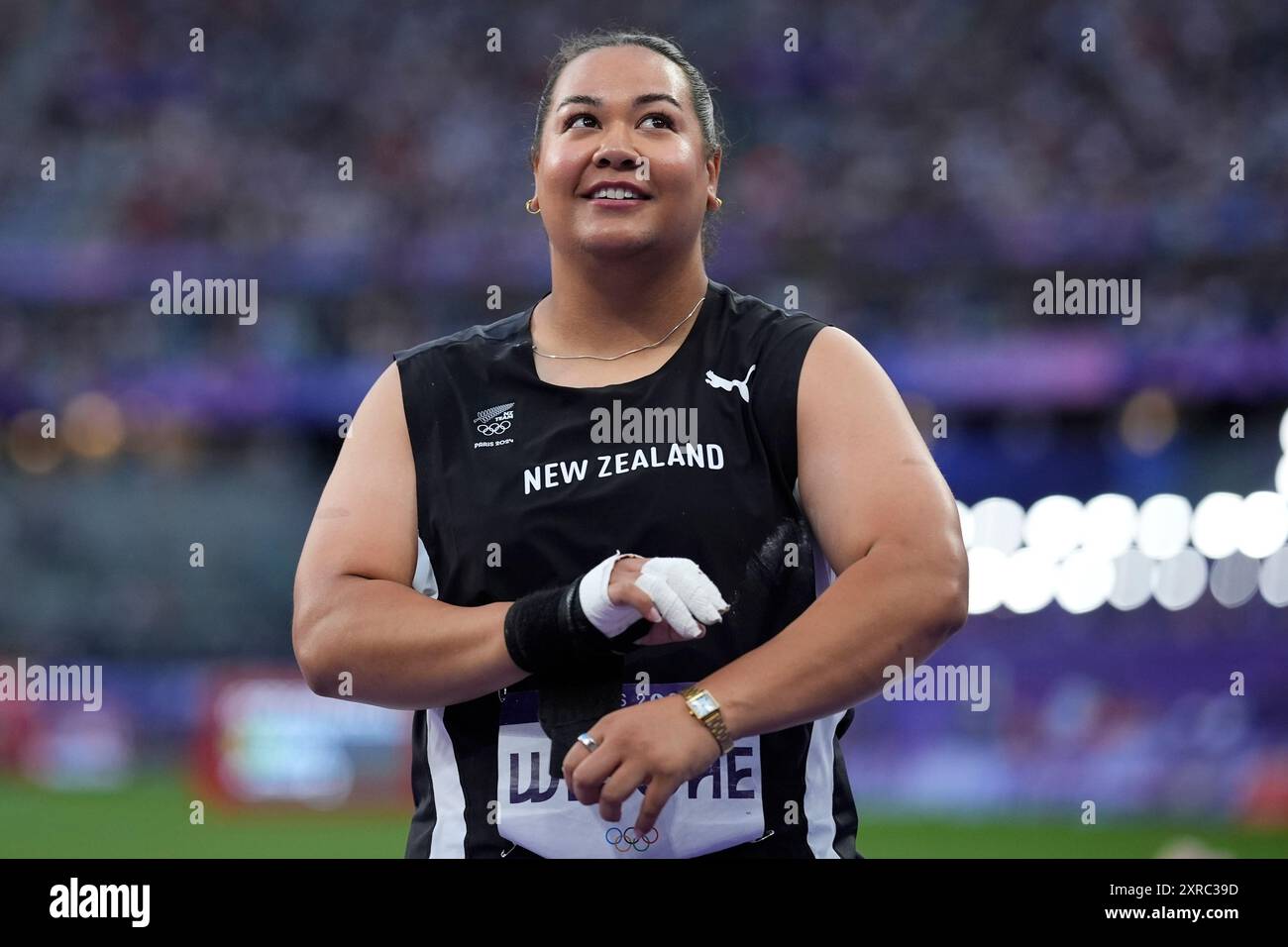 Maddison-Lee Wesche, of New Zealand, reacts during the women's shot put ...