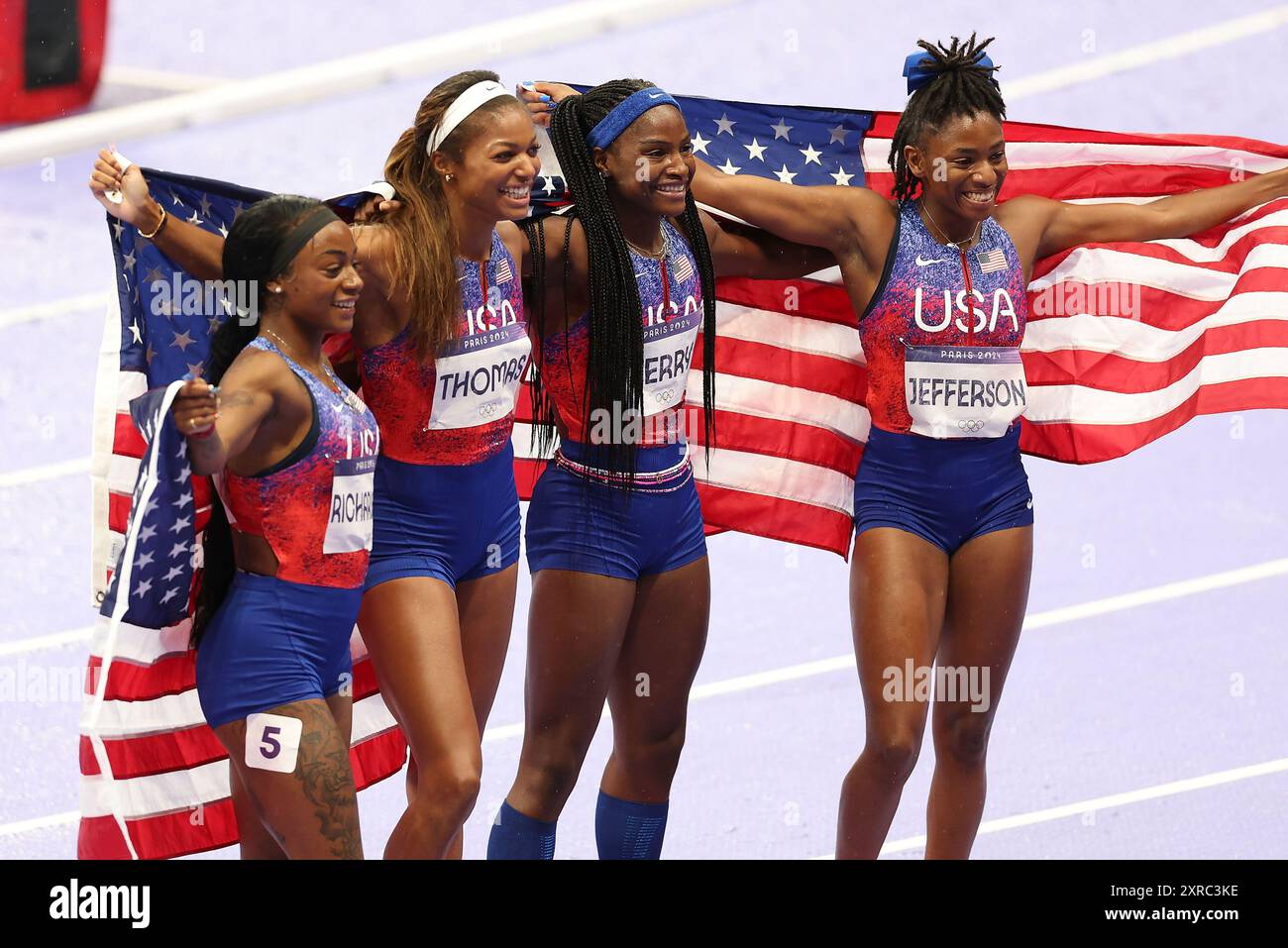 Paris, France. 9th Aug, 2024. (L to R)Sha'carri Richardson, Gabrielle ...