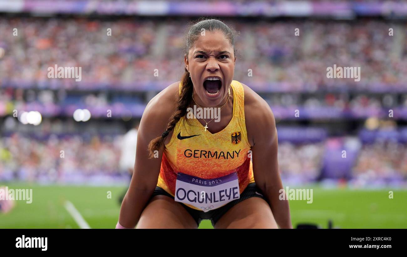 Yemisi Ogunleye, of Germany, reacts while competing in the women's shot ...
