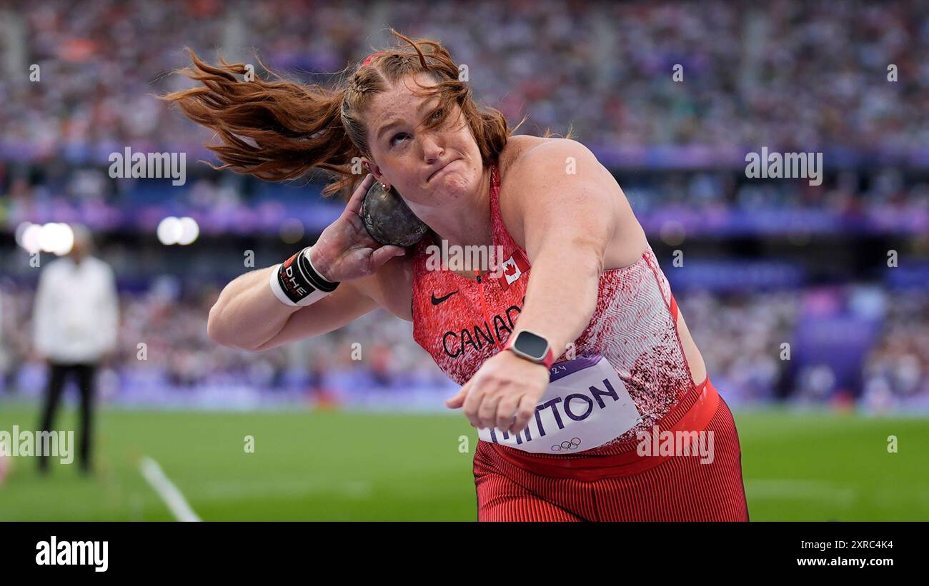 Sarah Mitton, of Canada, competes in the women's shot put final at the ...