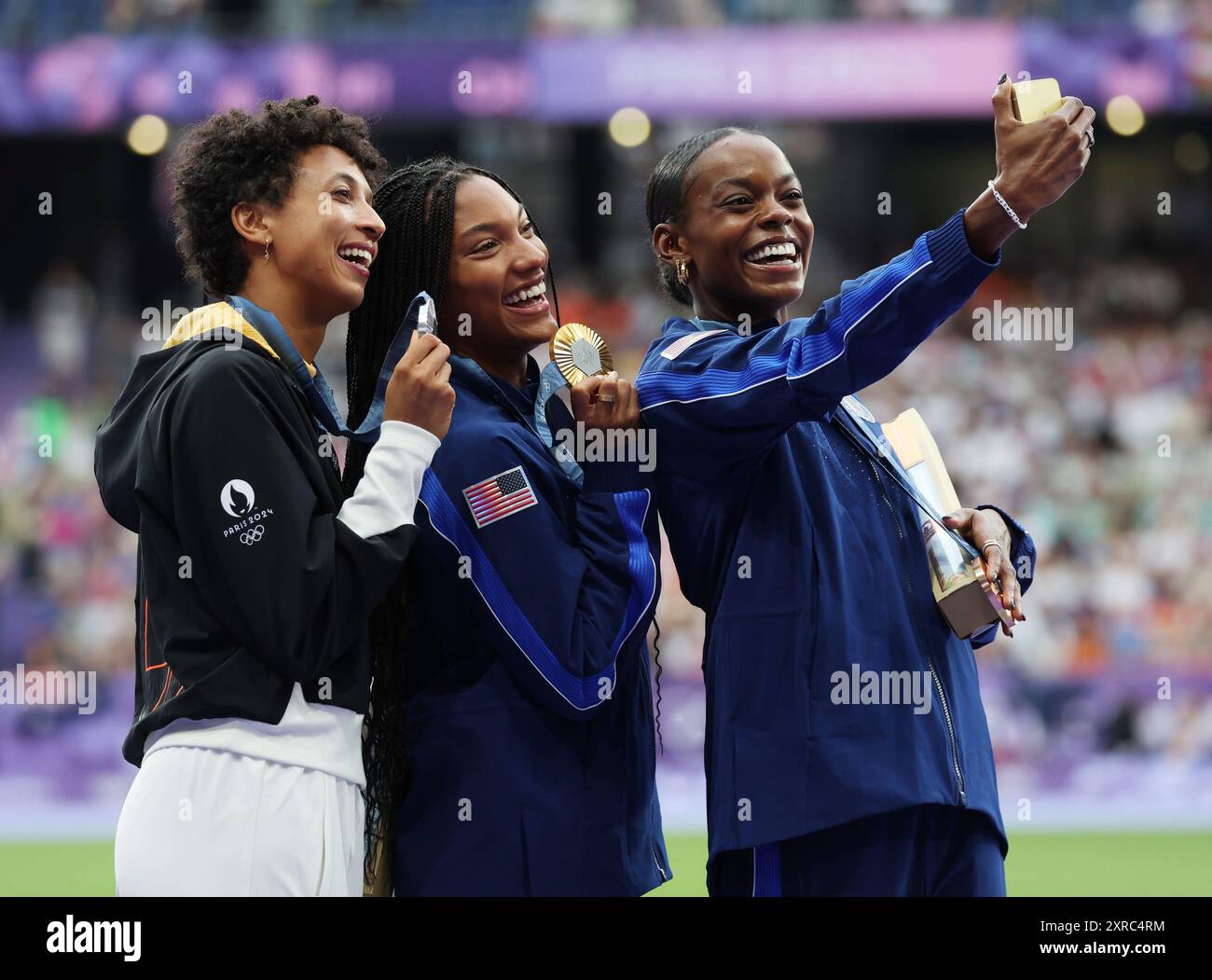 Paris, France. 09th Aug, 2024. Women's long jump gold medalist Tara Davis-Woodhall of the U.S ...