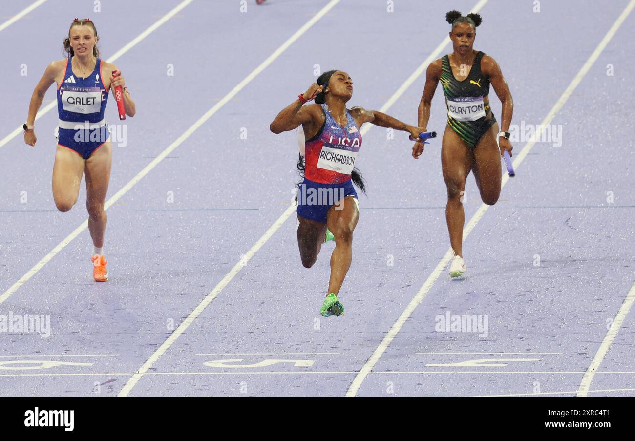 Paris, France. 09th Aug, 2024. Sha'carri Richardson of the U.S. crosses ...
