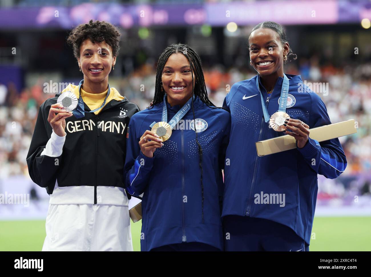 Paris, France. 09th Aug, 2024. Women's long jump gold medalist Tara Davis-Woodhall of the U.S ...