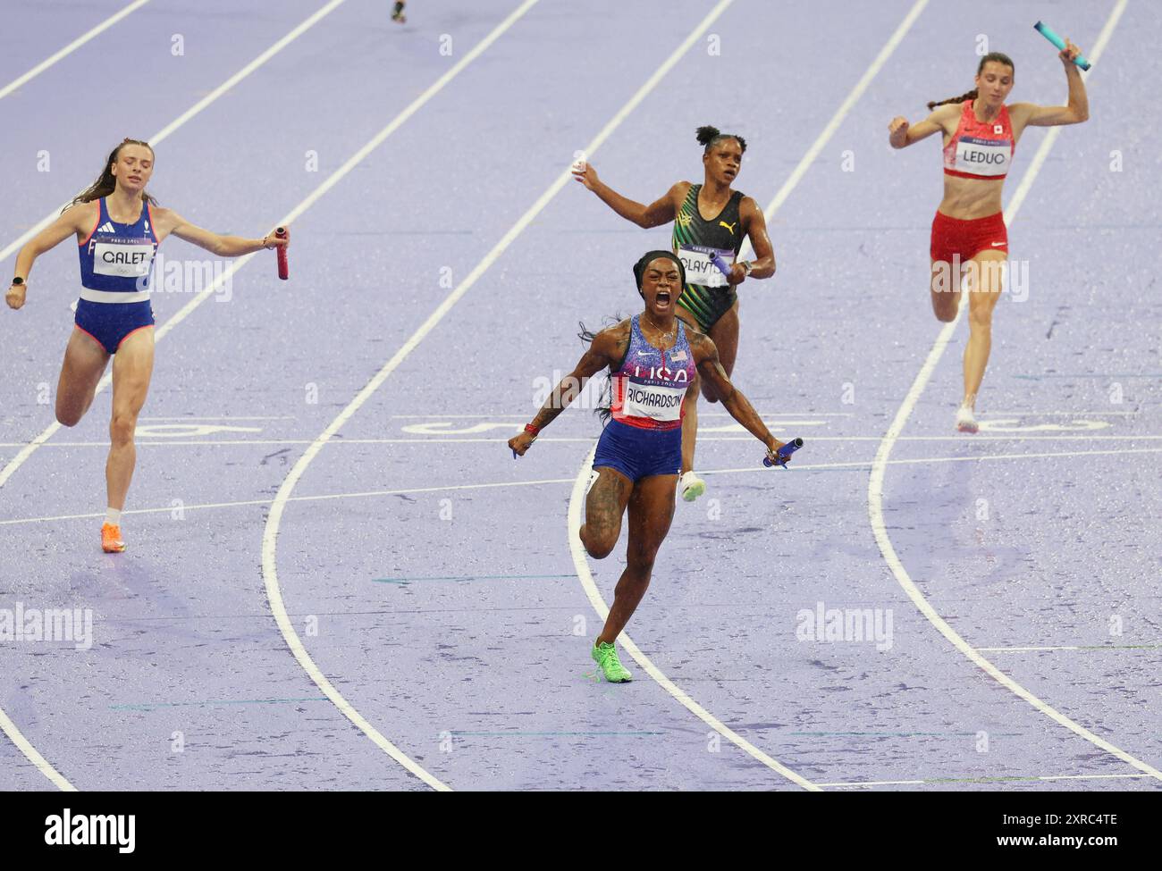 Paris, France. 09th Aug, 2024. Sha'carri Richardson of the U.S. crosses ...