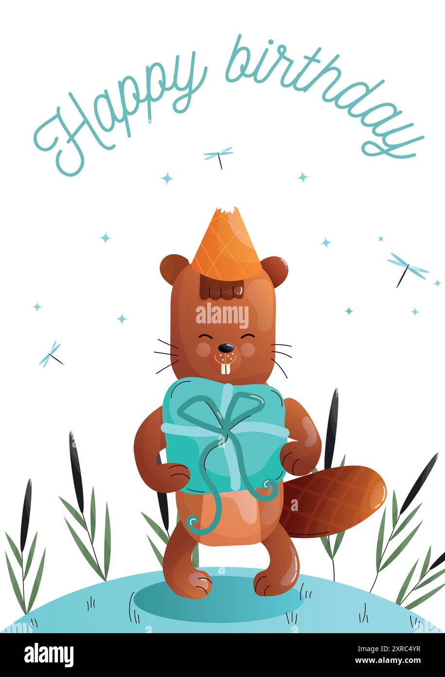Childrens cute greeting card. Cartoon beaver celebrating a birthday ...