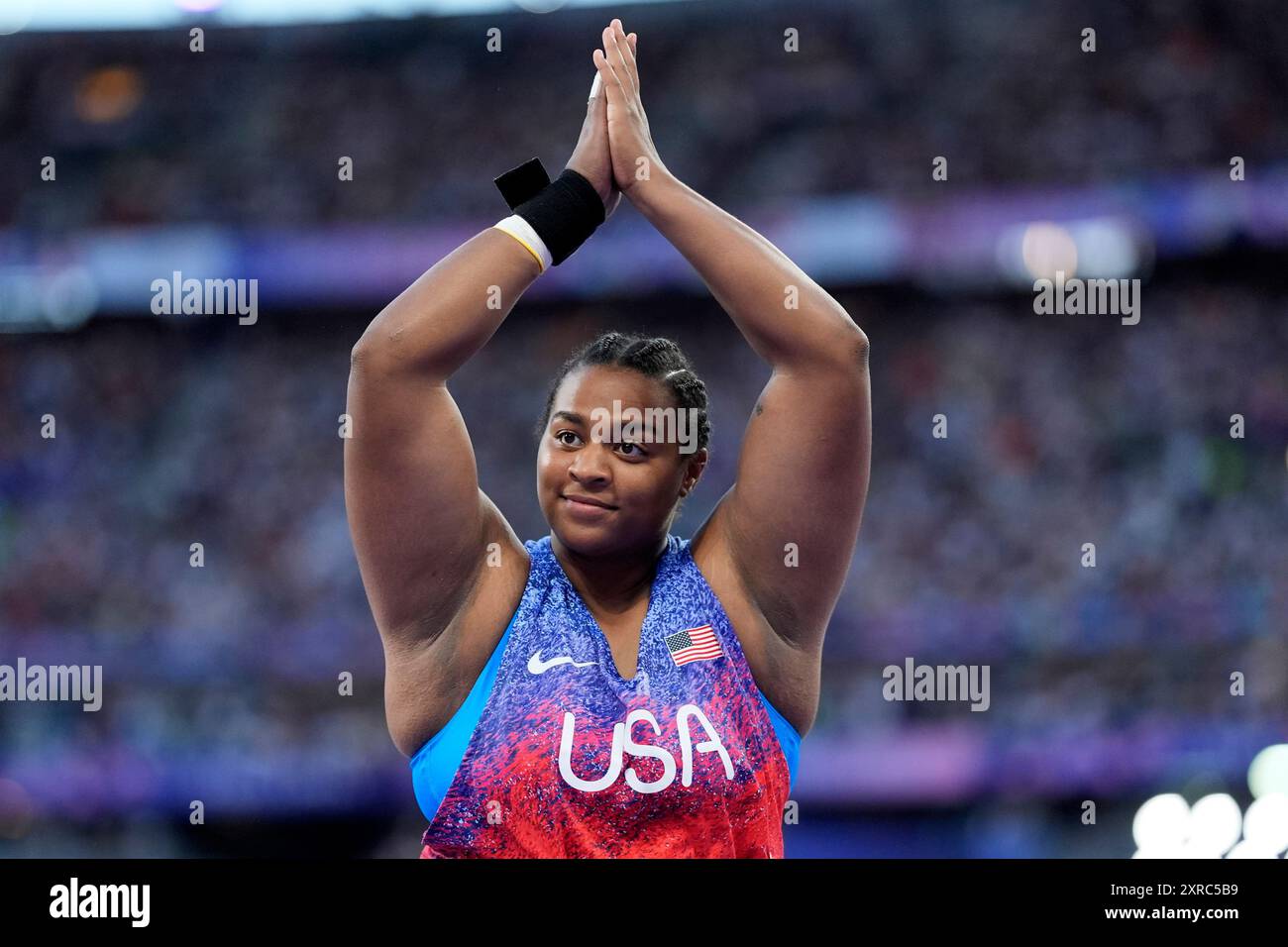 Jaida Ross, of the United States, reacts during the women's shot put ...