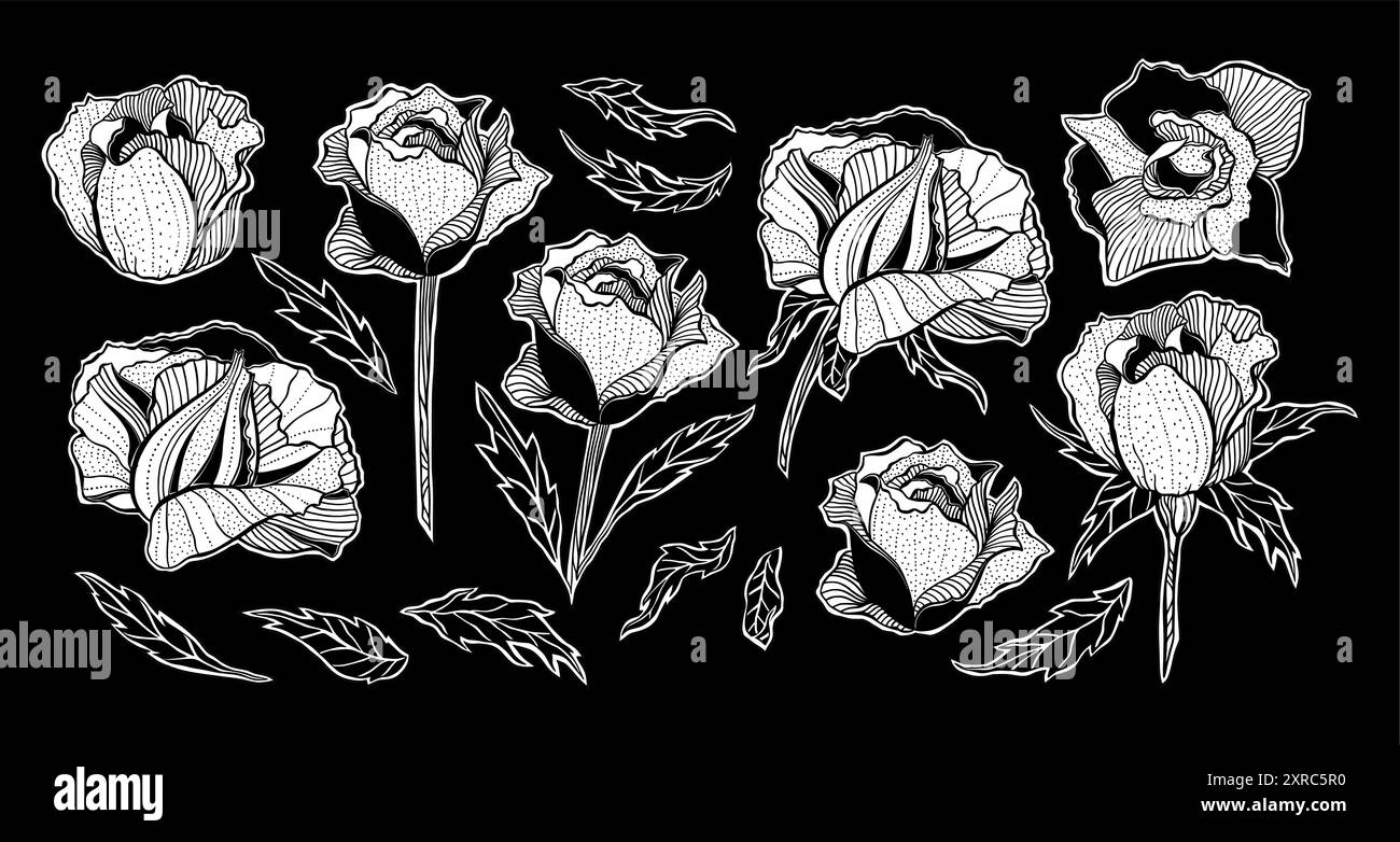 Black and White Fantasy Stylized Rose Flowers Collection, Tattoo Design ...