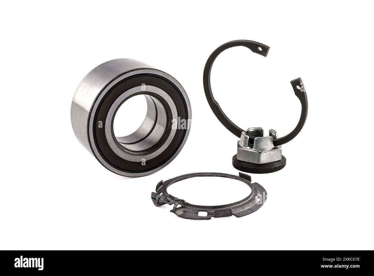 Set of auto parts on white background. New retaining ring, special nut ...