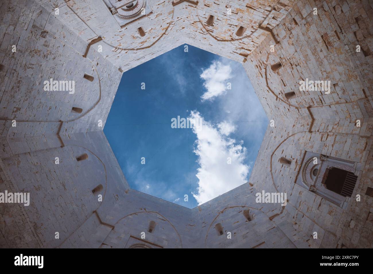View from the octagonal courtyard of Castel del Monte in Apulia into ...