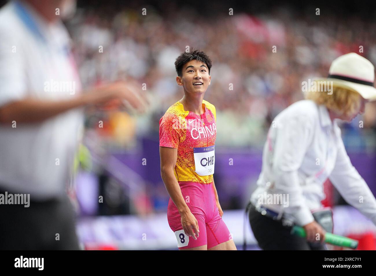 Paris, France. 9th Aug, 2024. Chen Jiapeng of team China reacts after the men's 4X100m relay ...