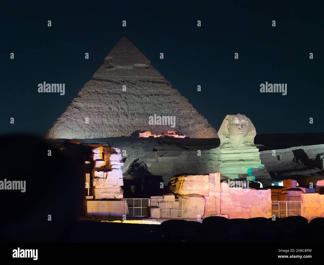 Panoramic view of Illumination of the great Sphinx of Giza next to the ...