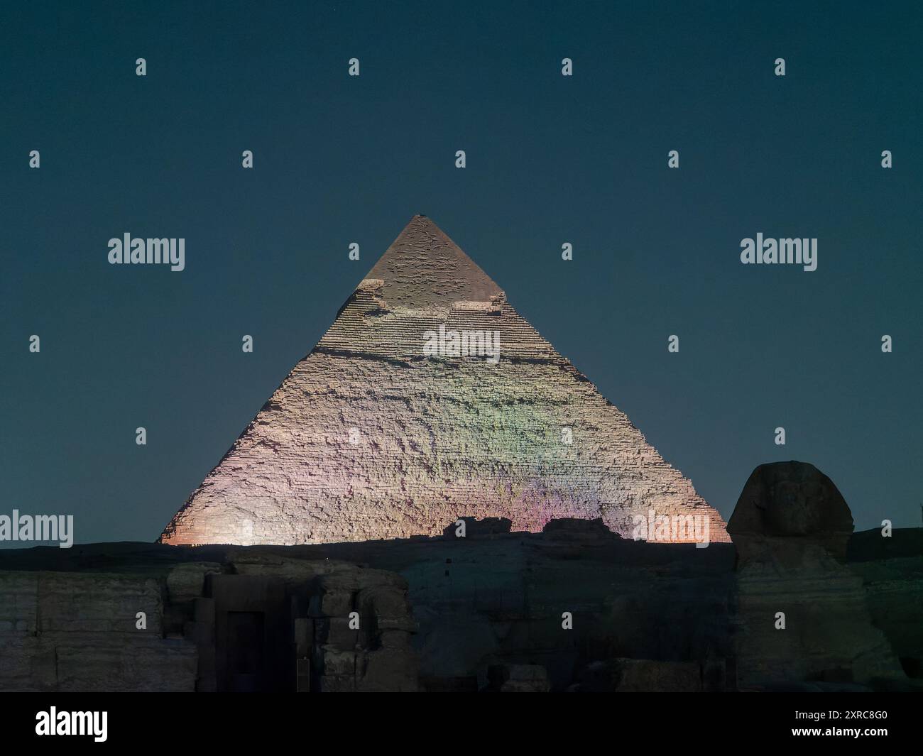 Panoramic view Illumination of Pyramid of Giza , Kefren during the night light show in El Cairo ...