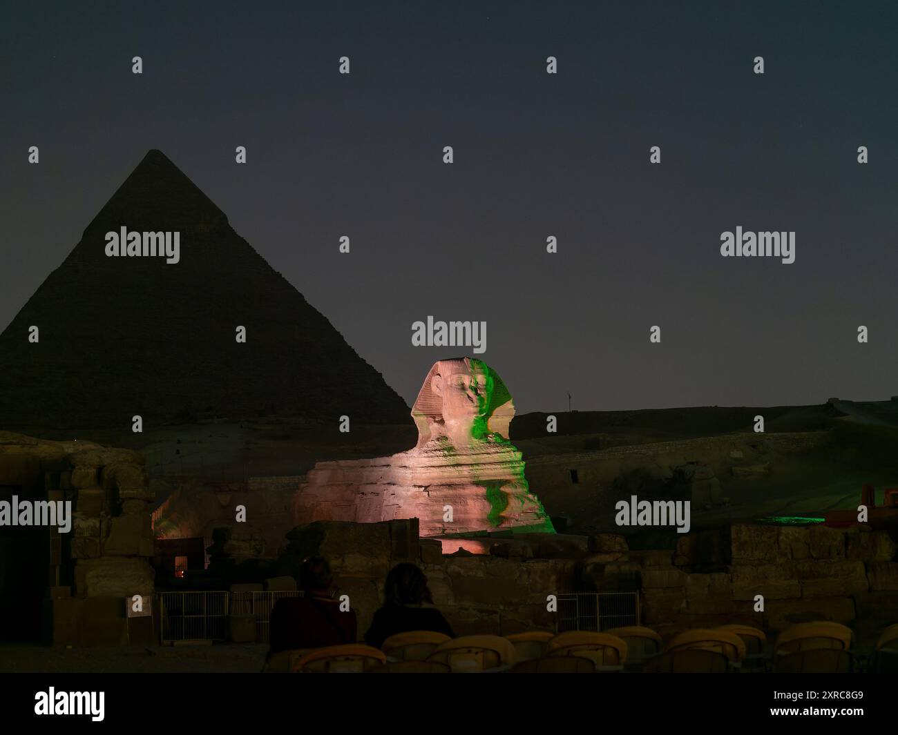 Panoramic view of Illumination of the great Sphinx of Giza next to the ...