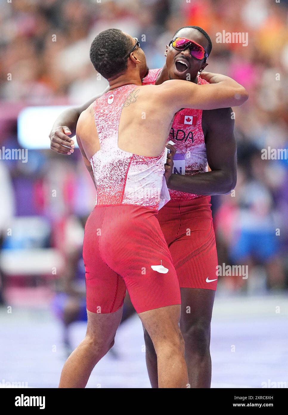 Paris, France. 9th Aug, 2024. Aaron Brown (R) and Andre de Grasse of ...